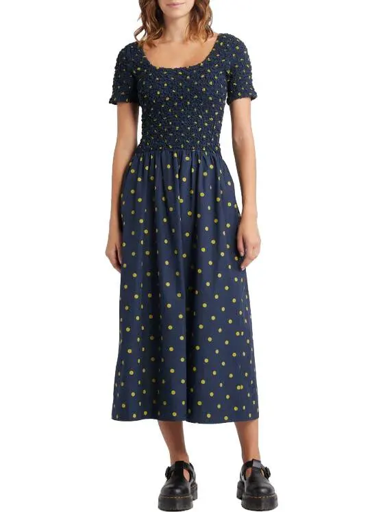 DAMSON MADDER Malinda Polka Dot Smocked Organic Cotton Dress - Navy