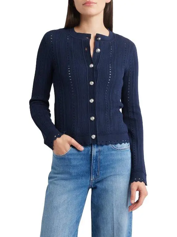 ZOE AND CLAIRE Scalloped Pointelle Knit Cardigan - Navy