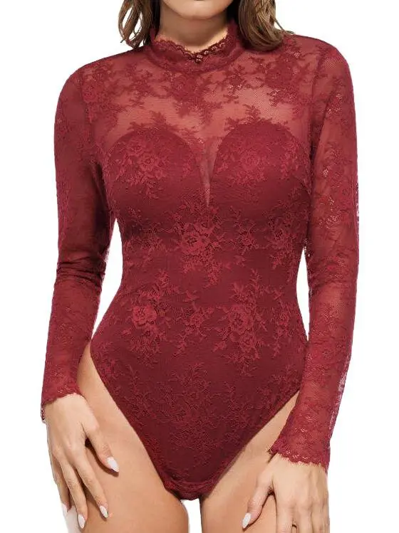 POPILUSH Shapewear Mock Neck Long Sleeve Floral Lace Bodysuit - Burgundy