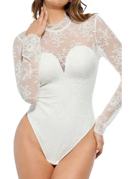 POPILUSH Shapewear Mock Neck Long Sleeve Floral Lace Bodysuit - Chalk