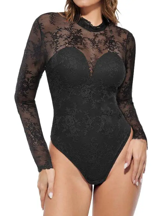POPILUSH Shapewear Mock Neck Long Sleeve Floral Lace Bodysuit - Midnight Black