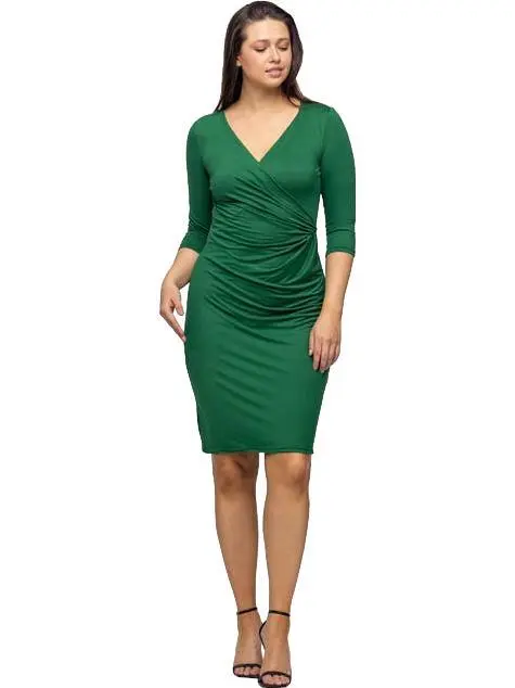 24SEVEN COMFORT APPAREL Draped V-neck Knee-length Dress - Emerald