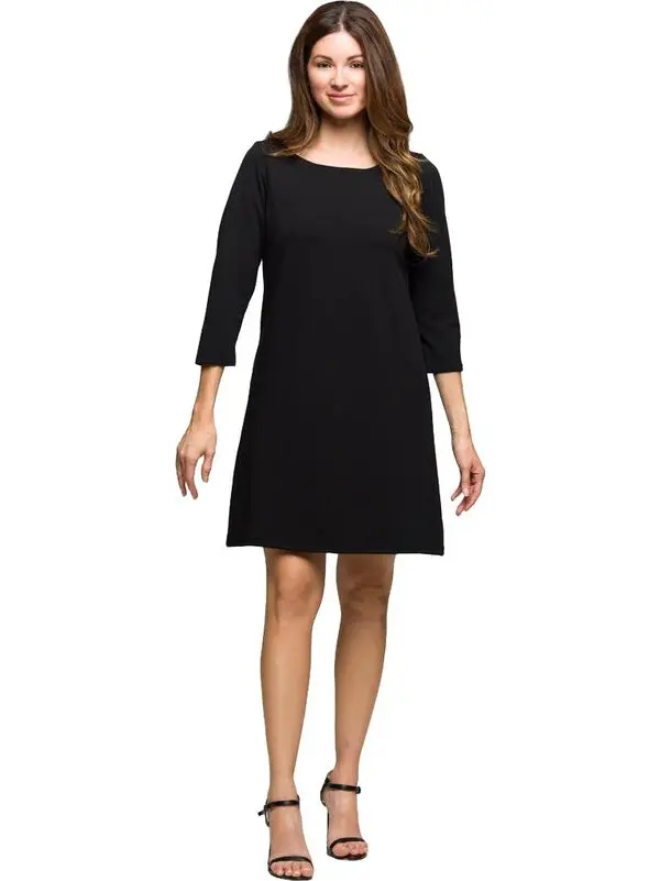 24SEVEN COMFORT APPAREL A-line Knee Length Dress With Three Quarter Sleeves - Black