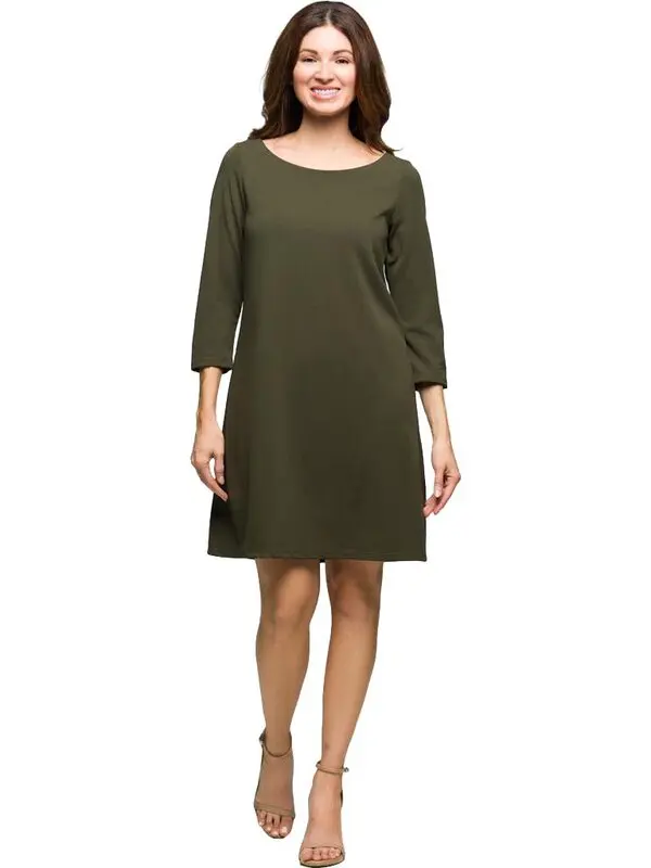 24SEVEN COMFORT APPAREL A-line Knee Length Dress With Three Quarter Sleeves - Olive
