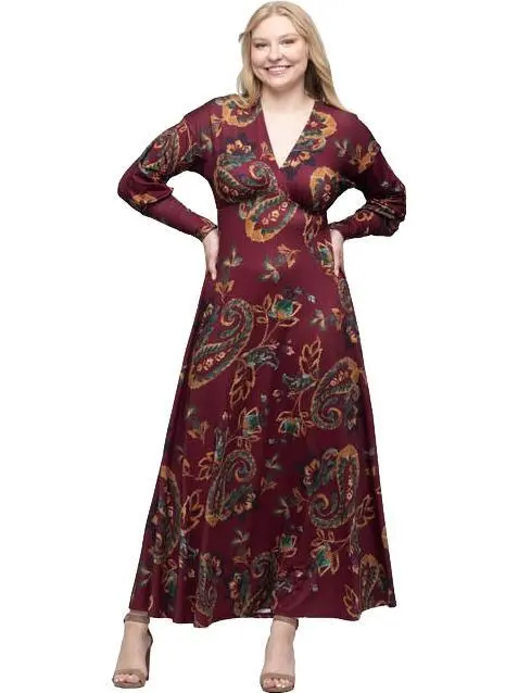 24SEVEN COMFORT APPAREL Paisley Print Bishop Sleeve A-line Maxi Dress - Burgundy Multi