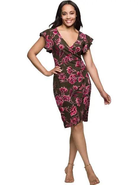 24SEVEN COMFORT APPAREL Floral Flutter Sleeve Wrap Knee Length Dress - Brown Multi