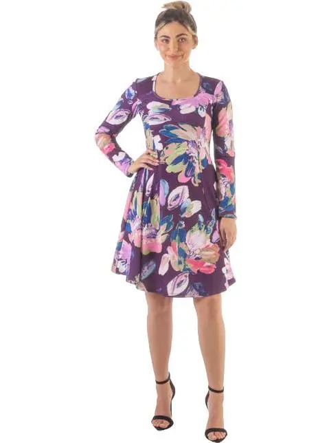 24SEVEN COMFORT APPAREL Floral Print Knee Length Dress - Purple Multi