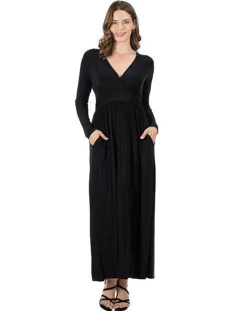 24SEVEN COMFORT APPAREL Long Sleeve V-neck Maxi Dress With Slit - Black
