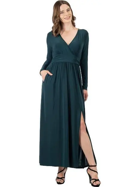 24SEVEN COMFORT APPAREL Long Sleeve V-neck Maxi Dress With Slit - Hunter