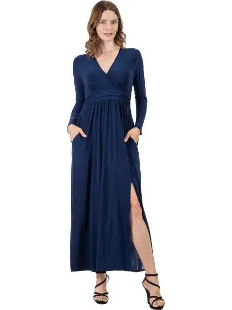 24SEVEN COMFORT APPAREL Long Sleeve V-neck Maxi Dress With Slit - Navy