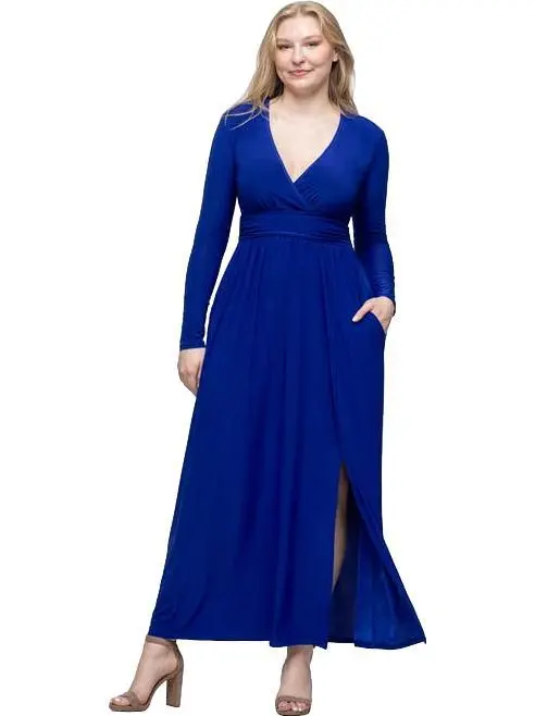 24SEVEN COMFORT APPAREL Long Sleeve V-neck Maxi Dress With Slit - Royal
