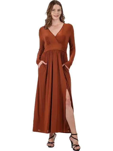 24SEVEN COMFORT APPAREL Long Sleeve V-neck Maxi Dress With Slit - Tobacco