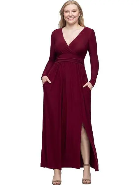 24SEVEN COMFORT APPAREL Long Sleeve V-neck Maxi Dress With Slit - Wine