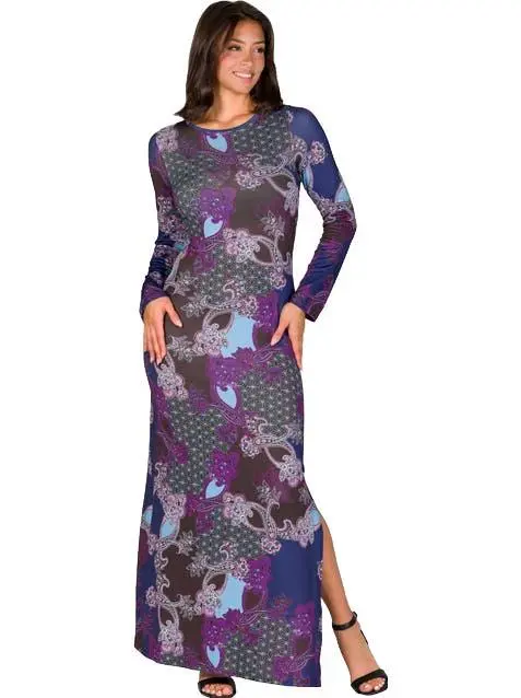 24SEVEN COMFORT APPAREL Paisley Long Sleeve Fitted Maxi Dress - Purple Multi