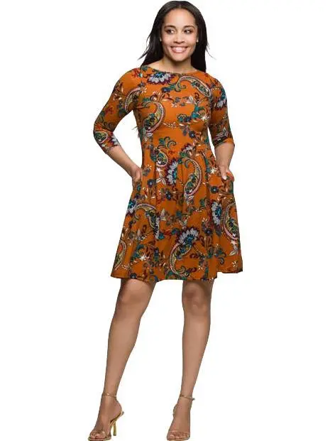 24SEVEN COMFORT APPAREL Paisley Print Fit And Flare Knee Length Dress - Orange Multi
