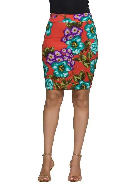 24SEVEN COMFORT APPAREL Floral Print Knee Length Pencil Skirt - Orange Multi