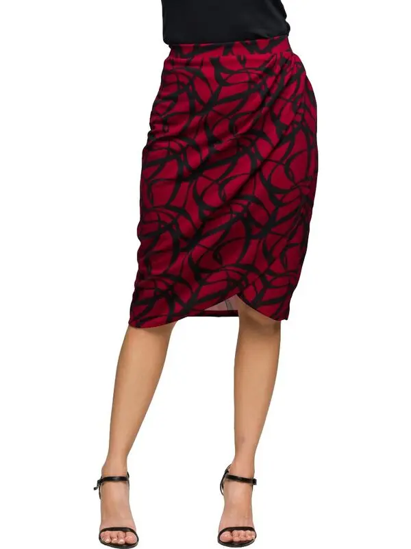 24SEVEN COMFORT APPAREL Printed Ruched Knee Length Skirt - Red Multi