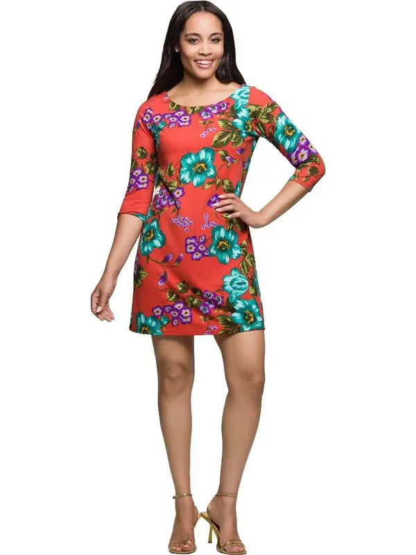 24SEVEN COMFORT APPAREL Floral Print A-line Knee-length Dress - Orange Multi
