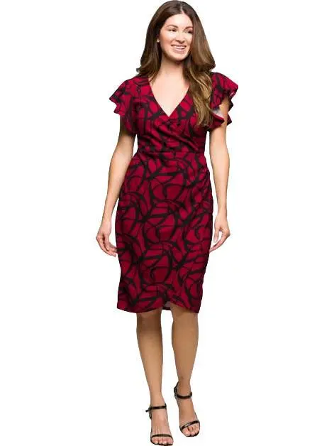 24SEVEN COMFORT APPAREL Print Flutter Sleeve Faux Wrap Midi Dress - Red Multi