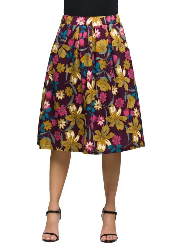 24SEVEN COMFORT APPAREL Floral Elastic Waist Midi Skirt With Pockets - Purple Multi