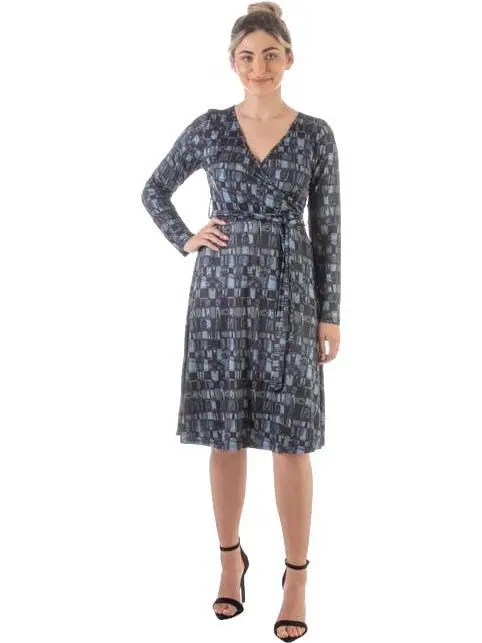 24SEVEN COMFORT APPAREL Long Sleeve Faux Wrap Knee Length Dress - Gray Multi