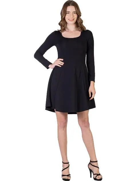 24SEVEN COMFORT APPAREL Long Sleeve Knee Length Skater Dress - Black