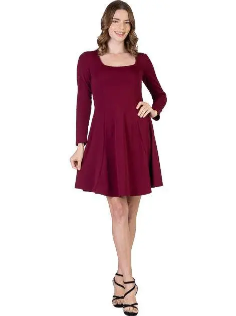 24SEVEN COMFORT APPAREL Long Sleeve Knee Length Skater Dress - Burgundy