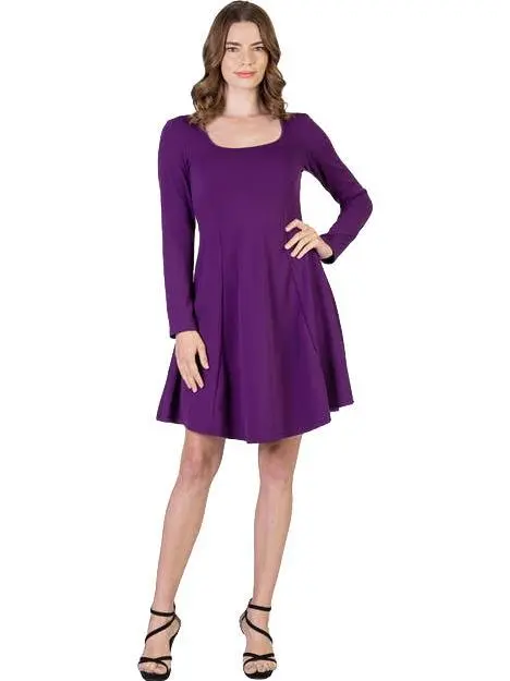 24SEVEN COMFORT APPAREL Long Sleeve Knee Length Skater Dress - Purple