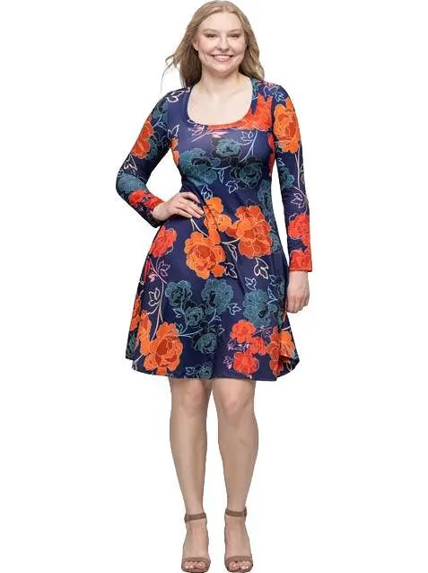 24SEVEN COMFORT APPAREL Floral Print Knee Length A-line Dress - Navy Multi