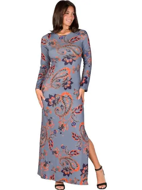 24SEVEN COMFORT APPAREL Printed Fitted Maxi Dress - Gray Multi