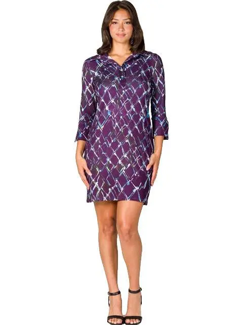 24SEVEN COMFORT APPAREL Geometric Print Three Quarter Sleeve Mini Dress - Purple Multi