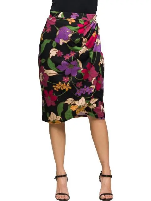 24SEVEN COMFORT APPAREL Floral Print Midi Pencil Skirt - Black Multi