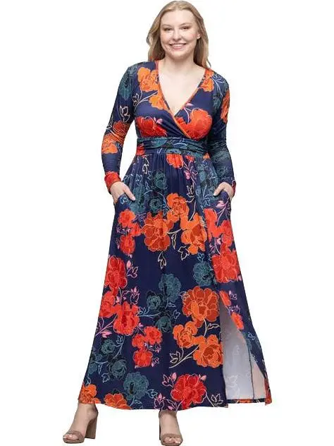 24SEVEN COMFORT APPAREL Floral Print Long Sleeve Maxi Dress - Navy Multi