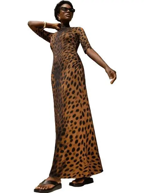 RO&ZO Mock Neck Jersey Animal Print Dress - Brown