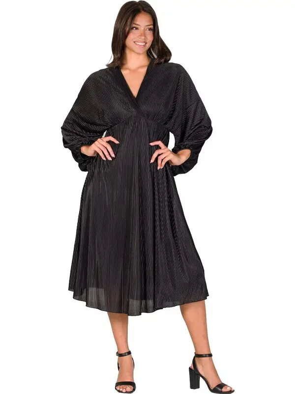 24SEVEN COMFORT APPAREL Shimmer Pleated V-neck Bishop Sleeve Midi Dress - Black