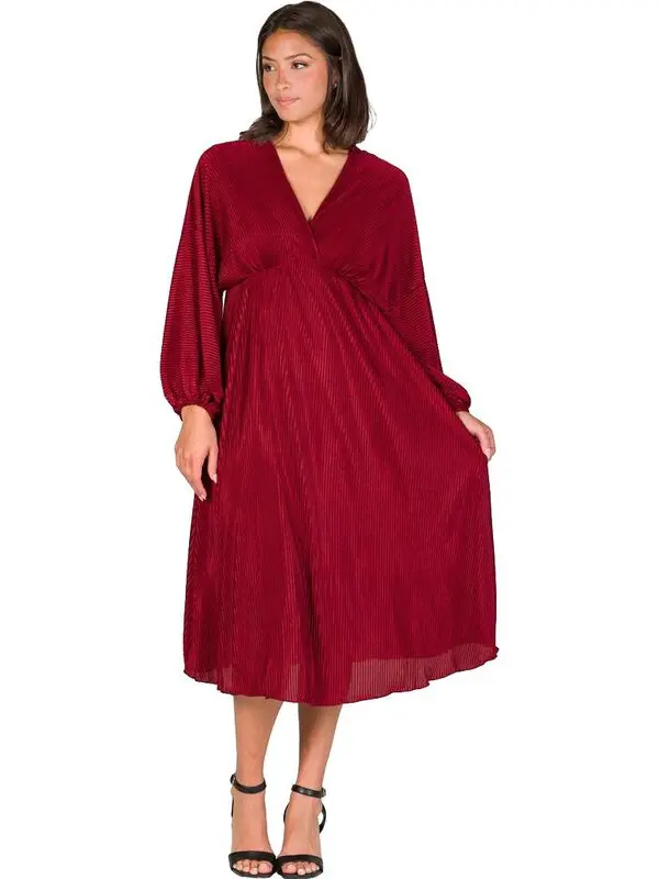 24SEVEN COMFORT APPAREL Shimmer Pleated V-neck Bishop Sleeve Midi Dress - Wine