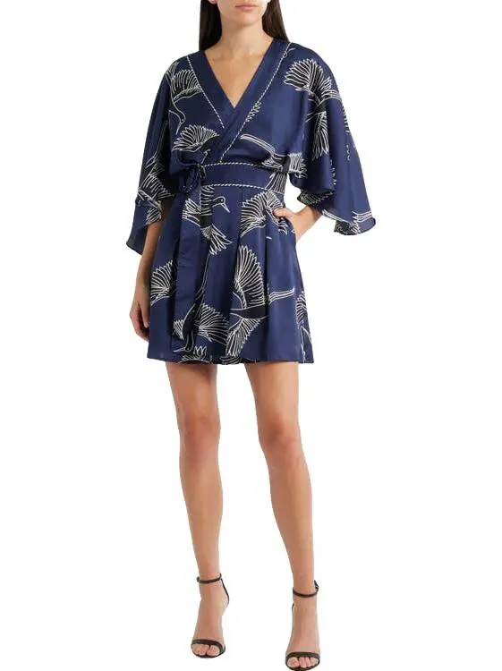 CIEBON Avaele Long Sleeve Satin Wrap Dress - Navy Multi