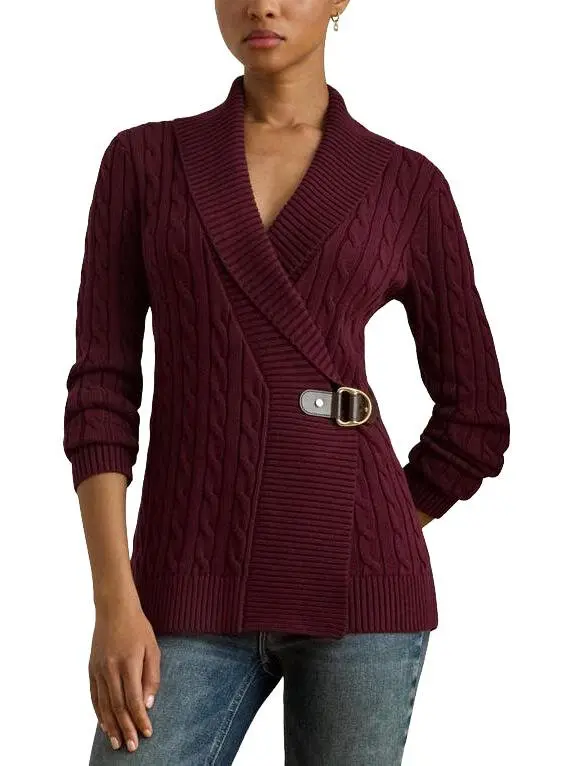 Ralph Lauren Cable Stitch Cotton Wrap Cardigan - Dark Garnet
