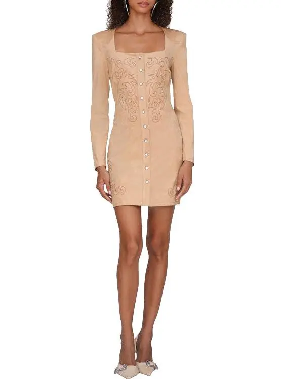 Avec Les Filles Western Embroidery Faux Suede Dress - Biscuit