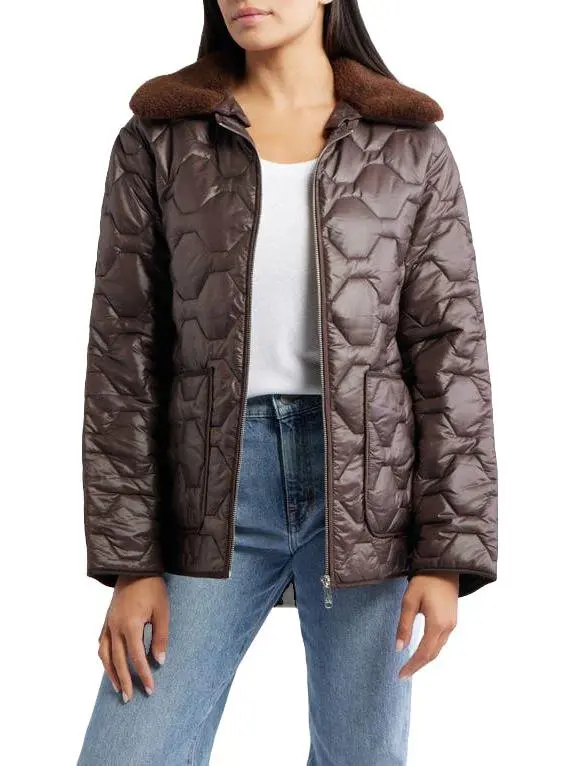 Sam Edelman Wide Hexagon Quilted Coat With Removable Faux Fur Collar - Chocolate