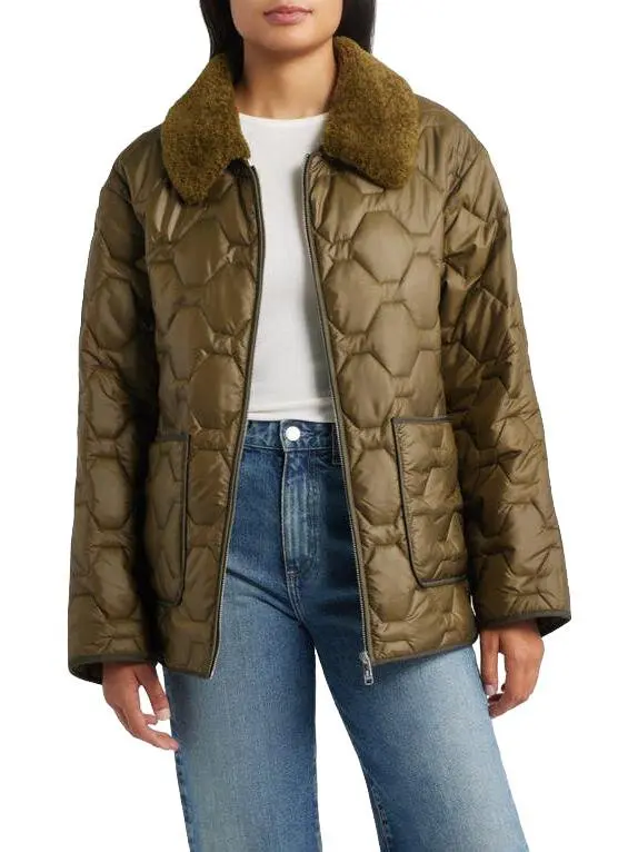 Sam Edelman Wide Hexagon Quilted Coat With Removable Faux Fur Collar - Loden