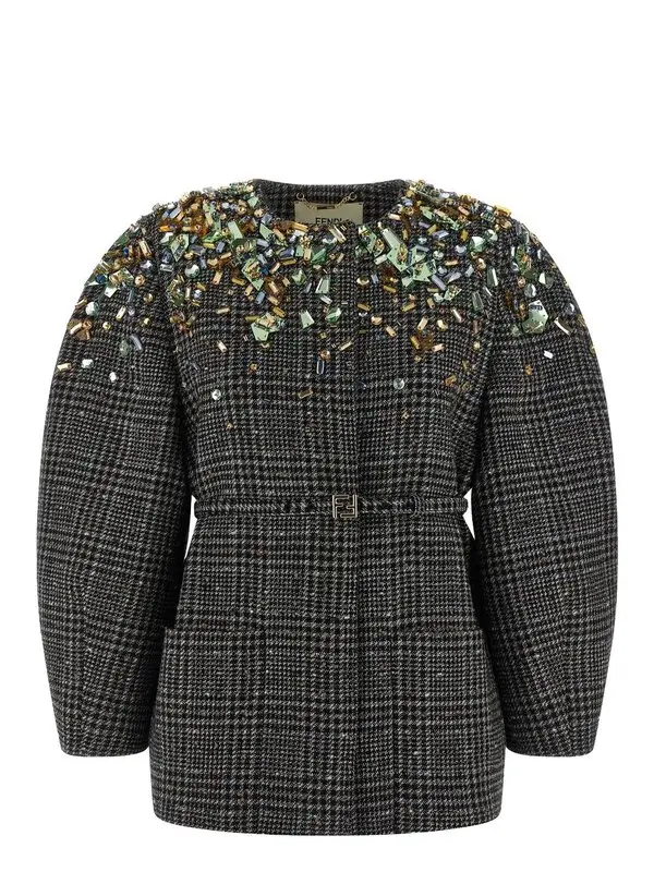 Fendi Tweed Jacket With Crystal Embroidery - Gray