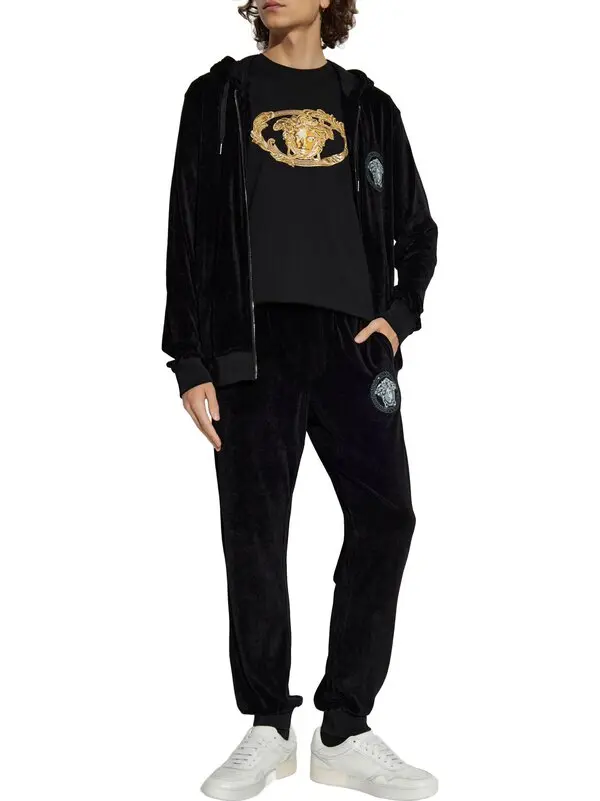Versace Velvet Zip-up Sweatshirt With Shimmering Appliqu - Black