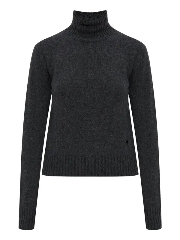 Ami Cashmere Turtleneck With Embroidered Logo - Grey