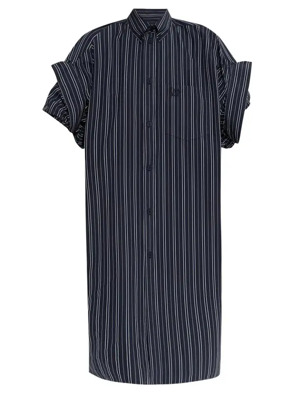 Balenciaga Striped Cotton Midi Shirtdress - Navy Blue