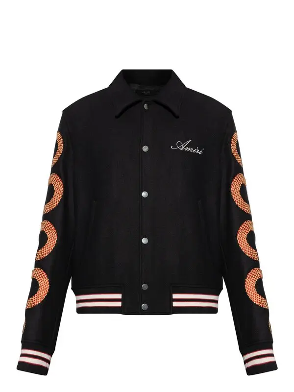 Amiri Wool Bomber Jacket With Embroidered Snake - Black