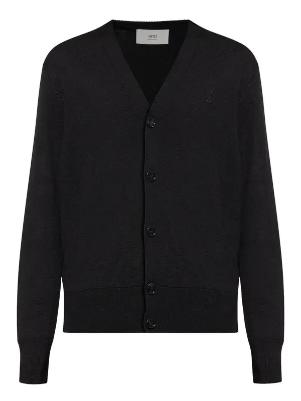 Ami Wool Cardigan With Embroidered Logo - Black