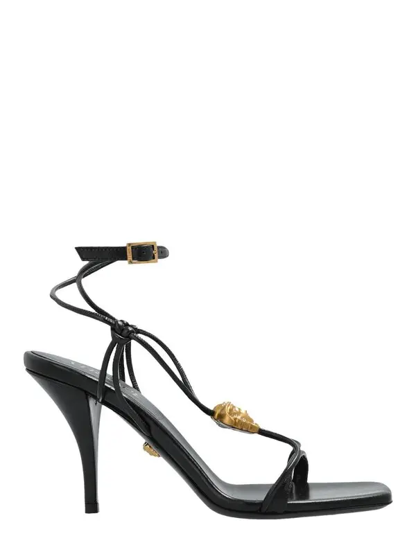 Versace Heeled Leather Sandals With Medusa Ornament - Black