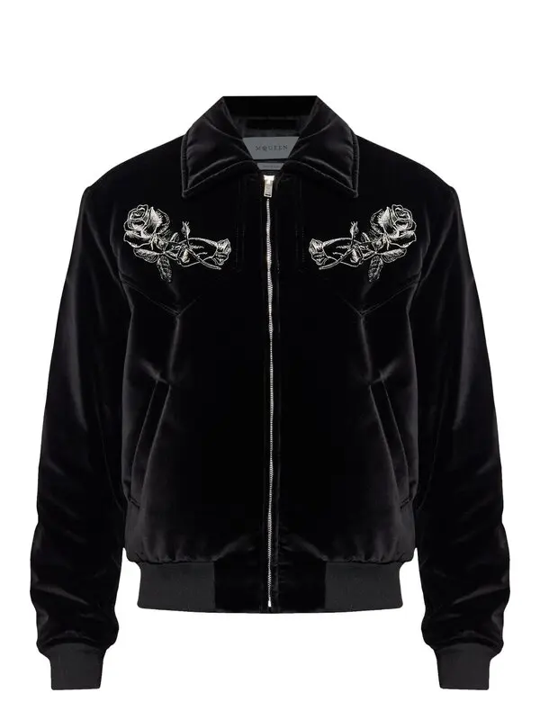 Alexander McQueen Embroidered Velvet Bomber Jacket - Black