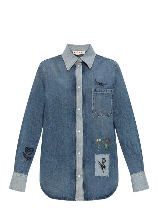 Marni Denim Shirt With Floral Embroidery - Blue